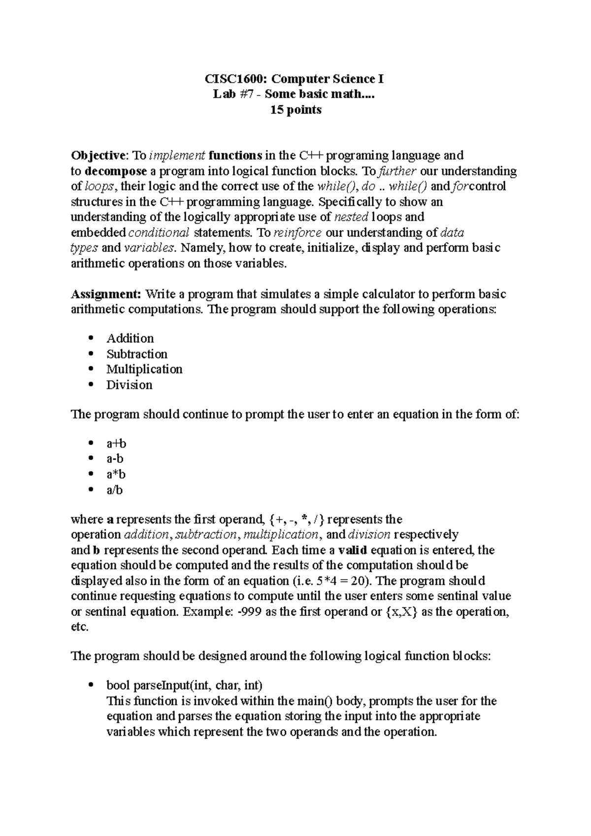 CISC 1600 Lab 7 - CISC1600: Computer Science I Lab #7 - Some basic math ...
