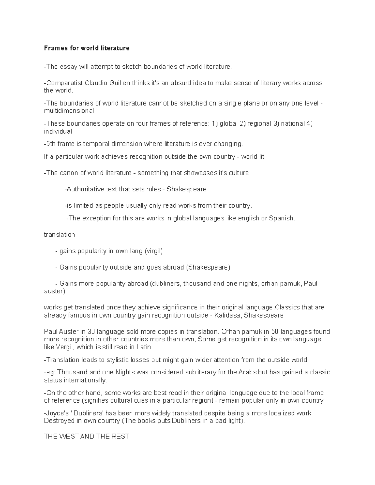 World lit notes - Frames for world literature -The essay will attempt ...