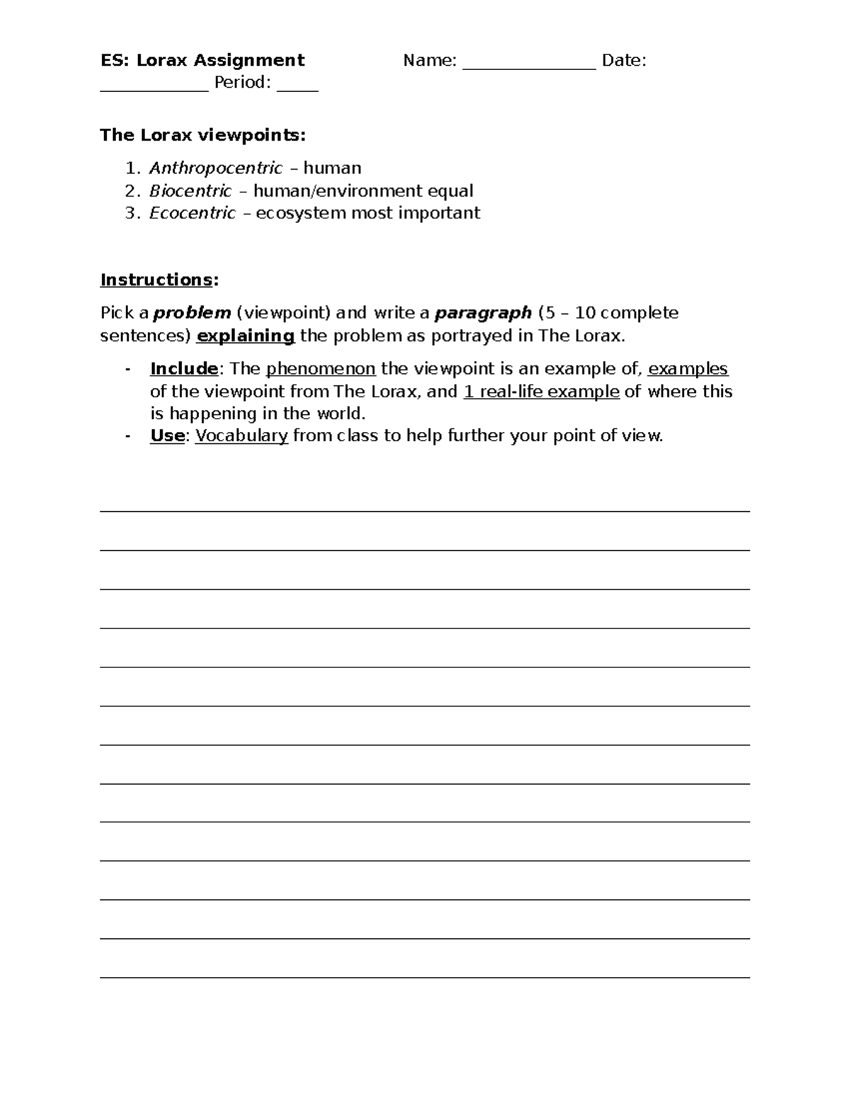 The Lorax viewpoints - ES: Lorax Assignment Name: ________________ Date ...