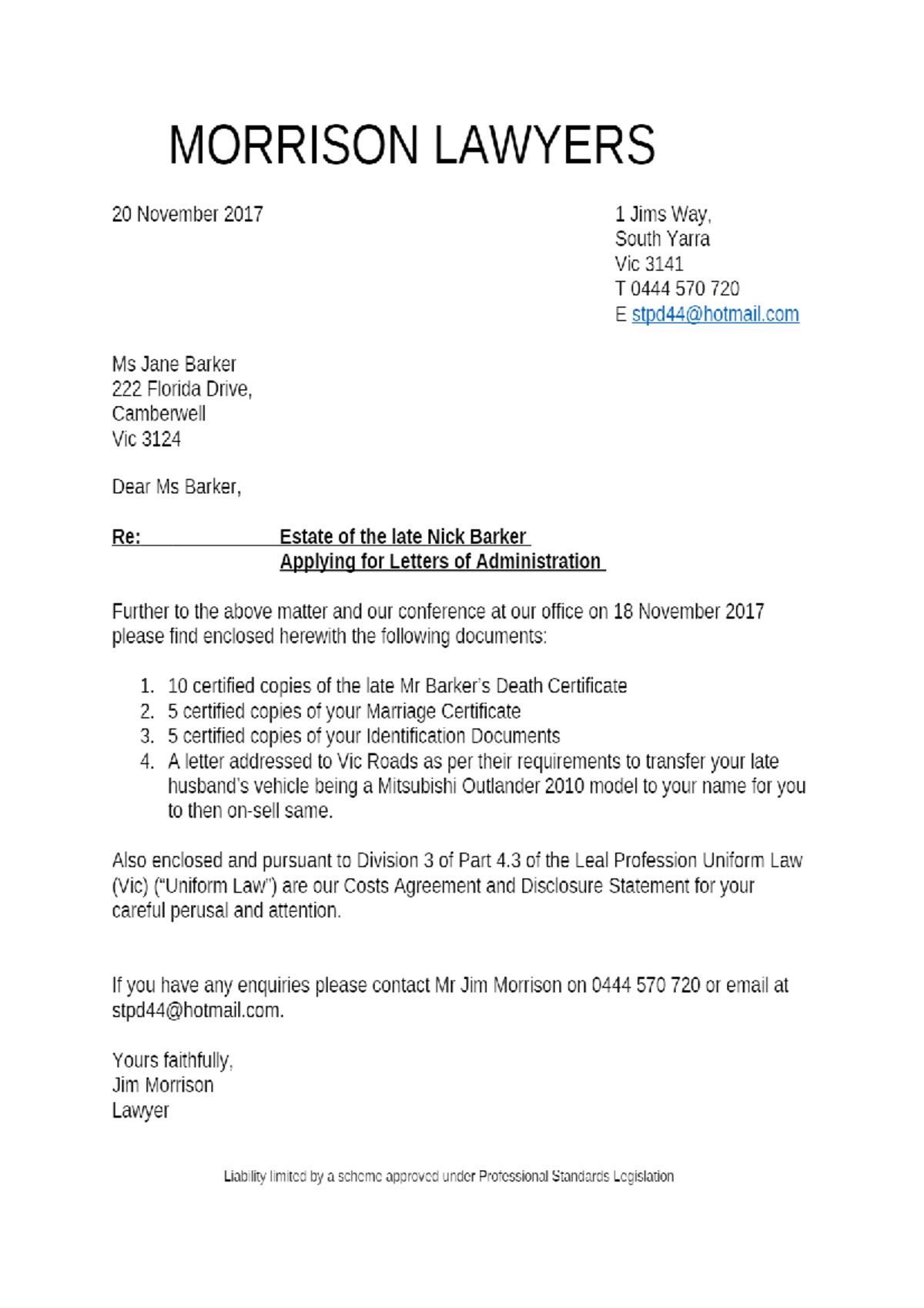 Sample Letter to client - LLW1003 - Studocu