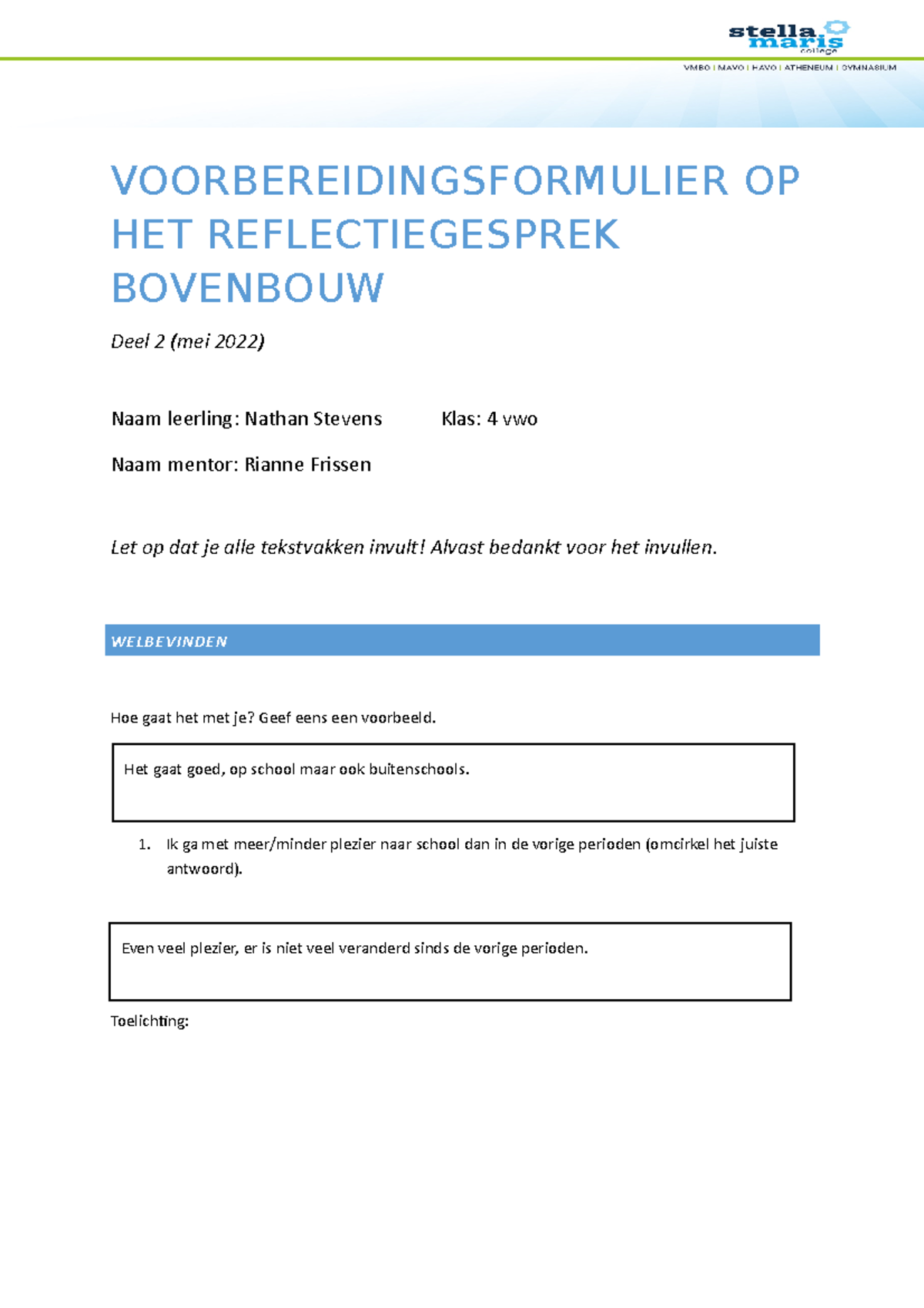 Voorbereidingsformulier refelectiegesprek bovenbouw Mavo-Havo-Vwo mei ...