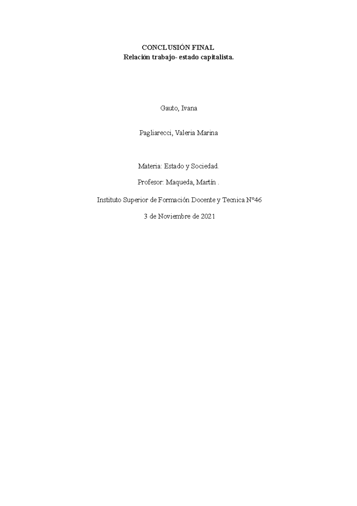 Conclusión Final - PACHECO SOLEDAD - CONCLUSIÓN FINAL Relación trabajo ...