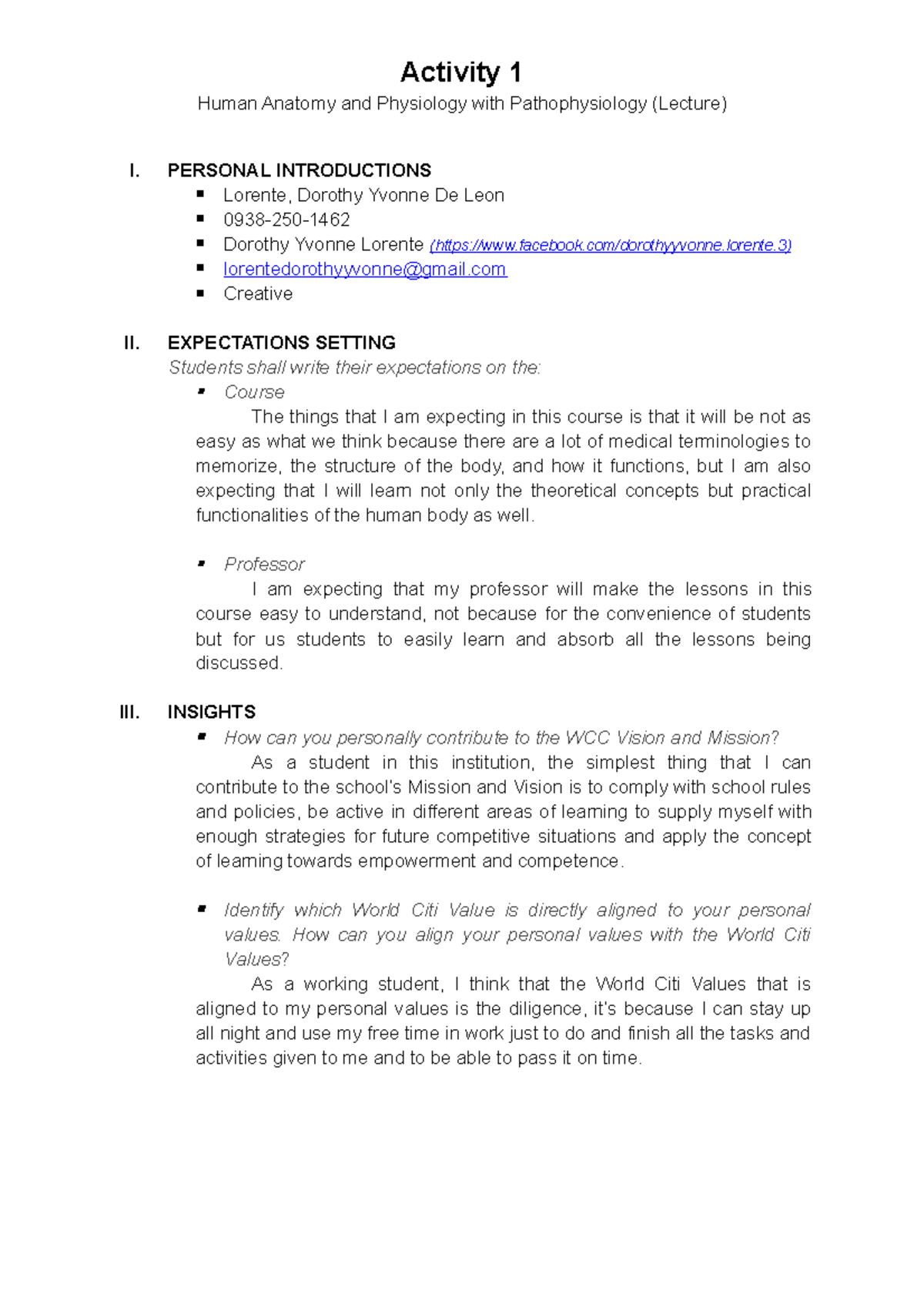 Activity 1 Lorente, Dorothy Yvonne BSMT 1A ( Anaphy) - Activity 1 Human ...