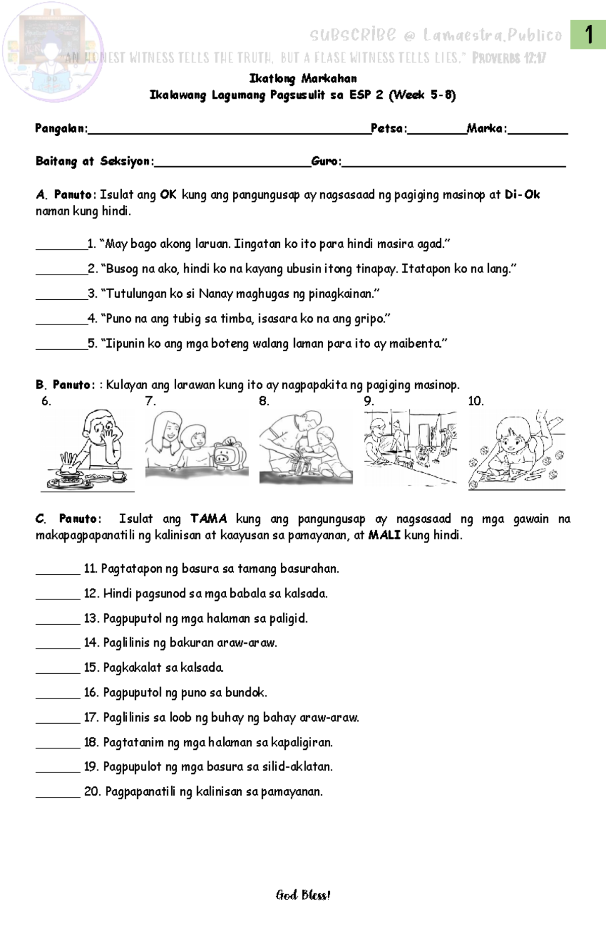 G2 Q3 WEEK 5-8 Summative TEST ALL Subjects - “AN HONEST WITNESS TELLS ...