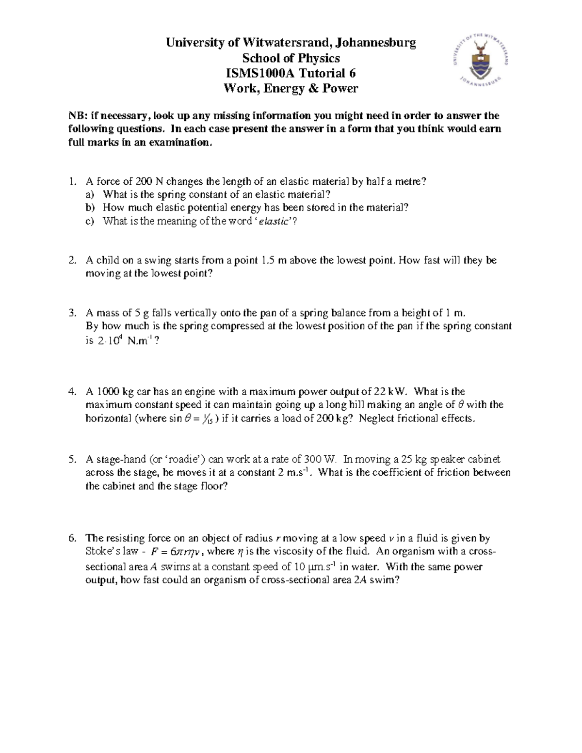 Work & Energy Tutorial - University of Witwatersrand, Johannesburg ...