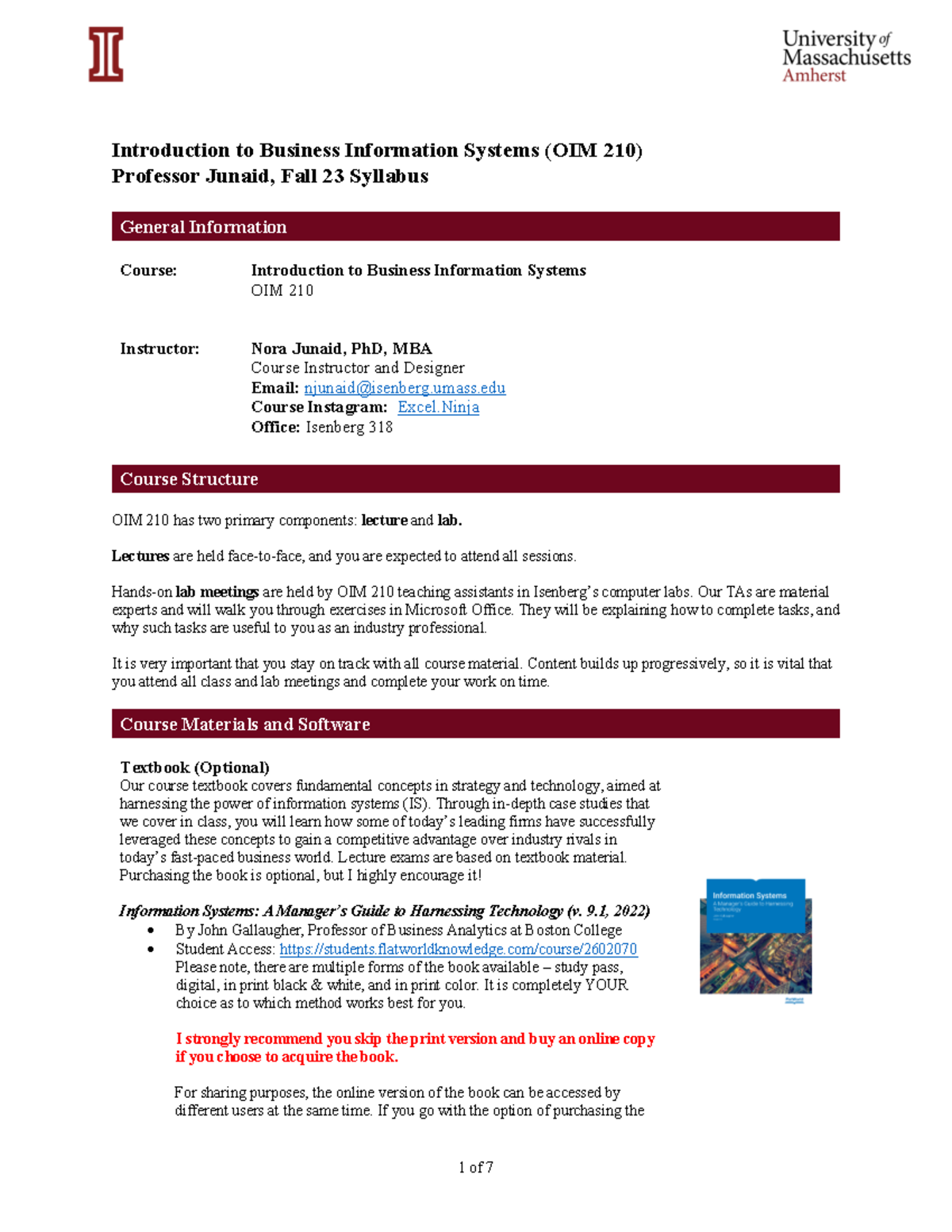 Syllabus- Fall 23-1 - Introduction to Business Information Systems (OIM ...