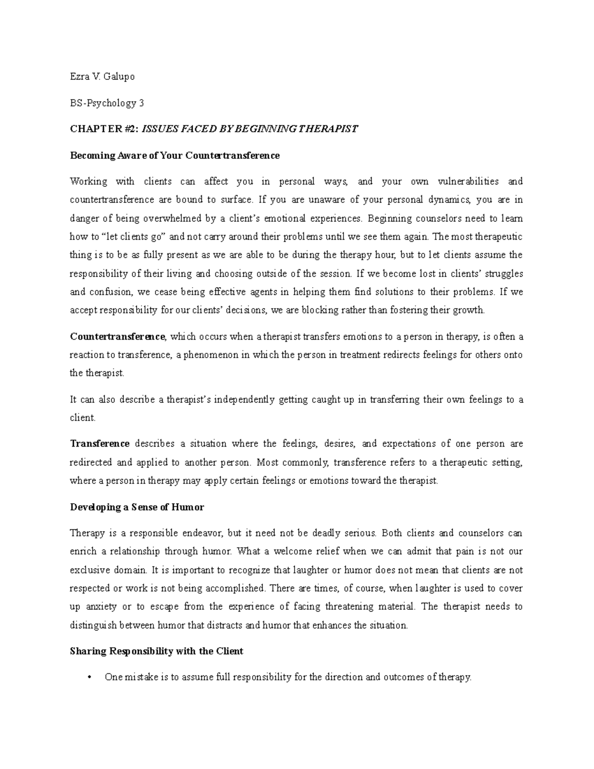 Issues faced by beginning therapist - Ezra V. Galupo BS-Psychology 3 ...