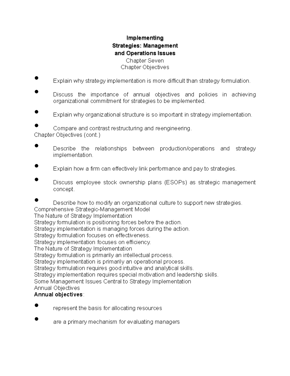Chapter 7 Strategic Management - Implementing Strategies: Management ...