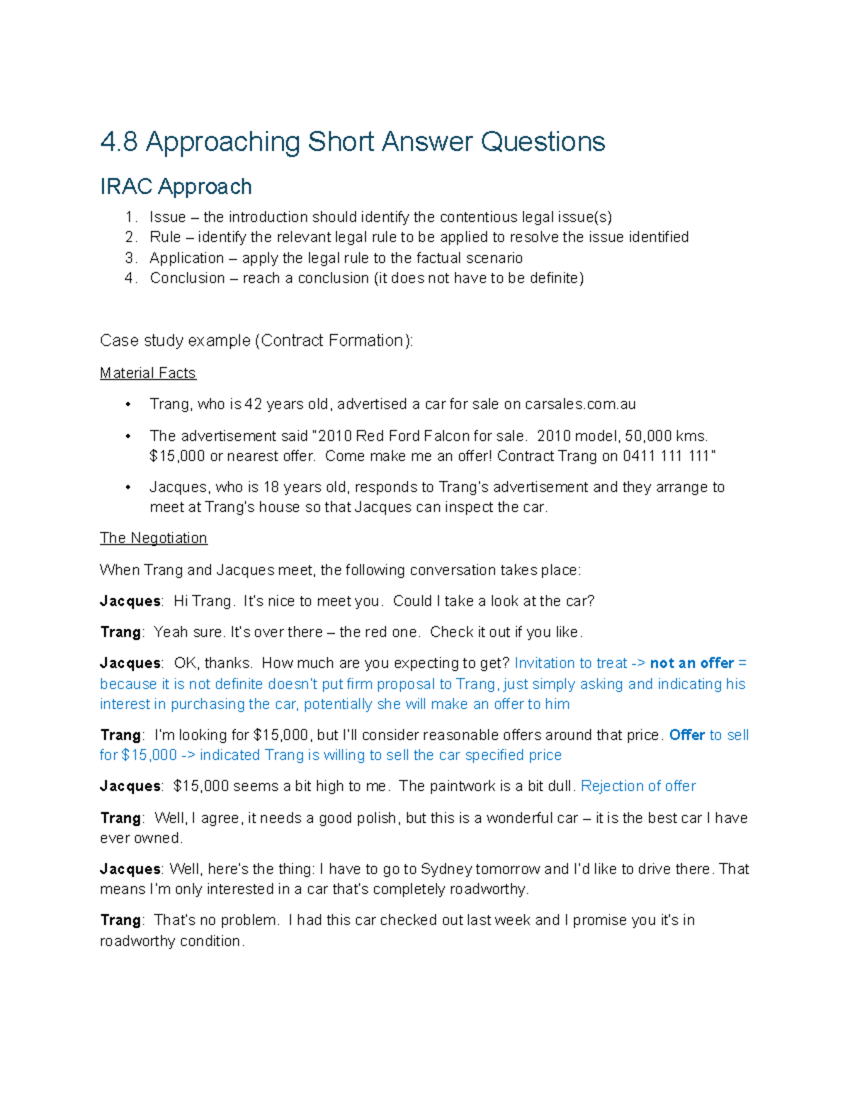 Blaw L4 - notes - 4 Approaching Short Answer Questions IRAC Approach ...