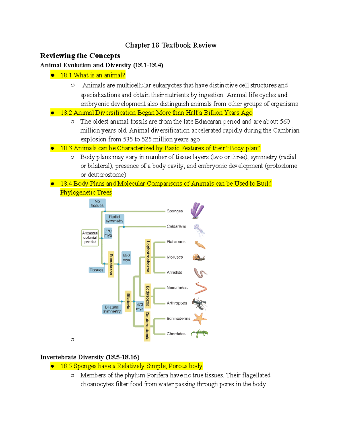 Chapter 18 Textbook Review - Chapter 18 Textbook Review Reviewing the Concepts Animal Evolution ...