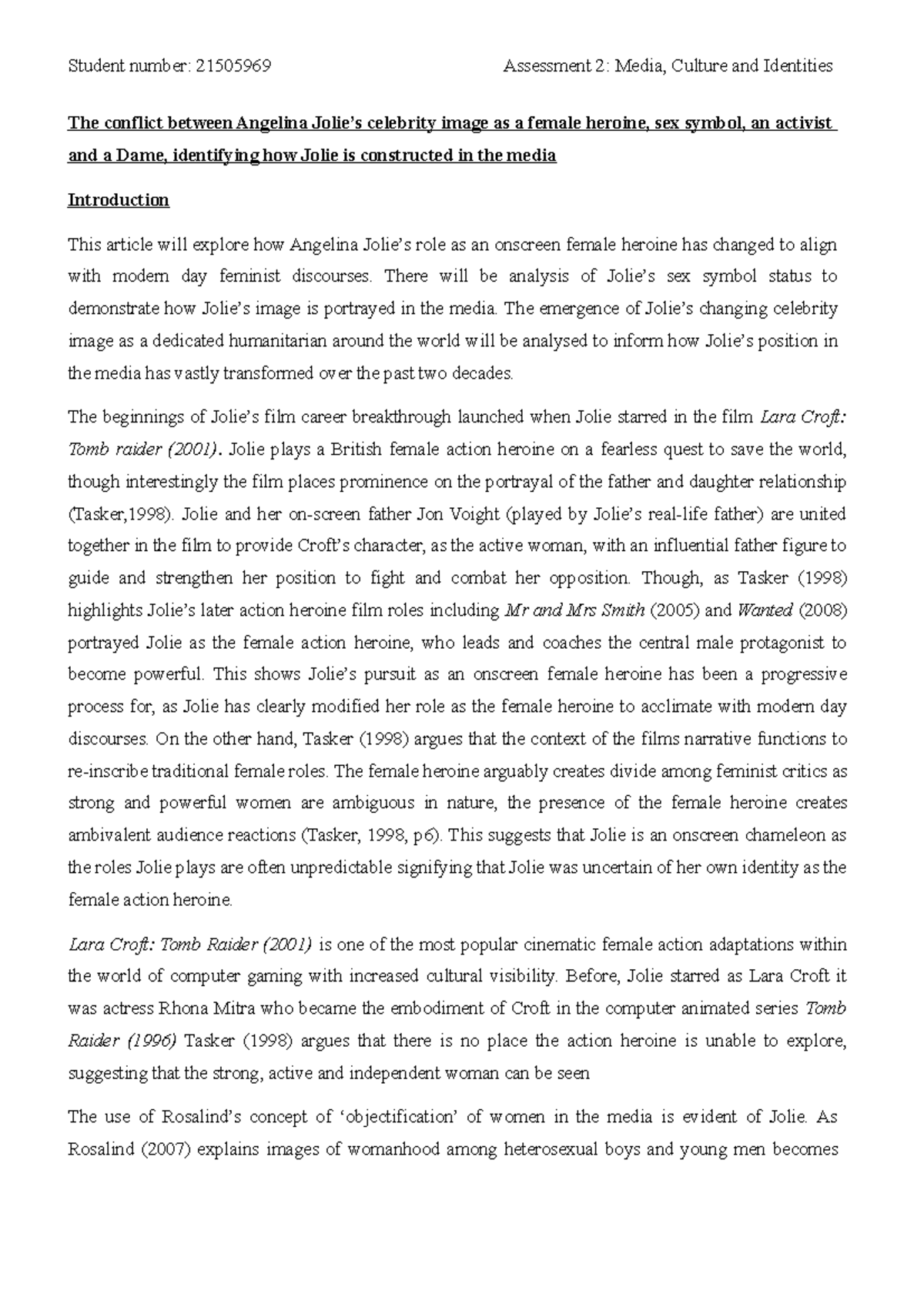 Angelina Jolie Identity Representation - Notes - Student number ...