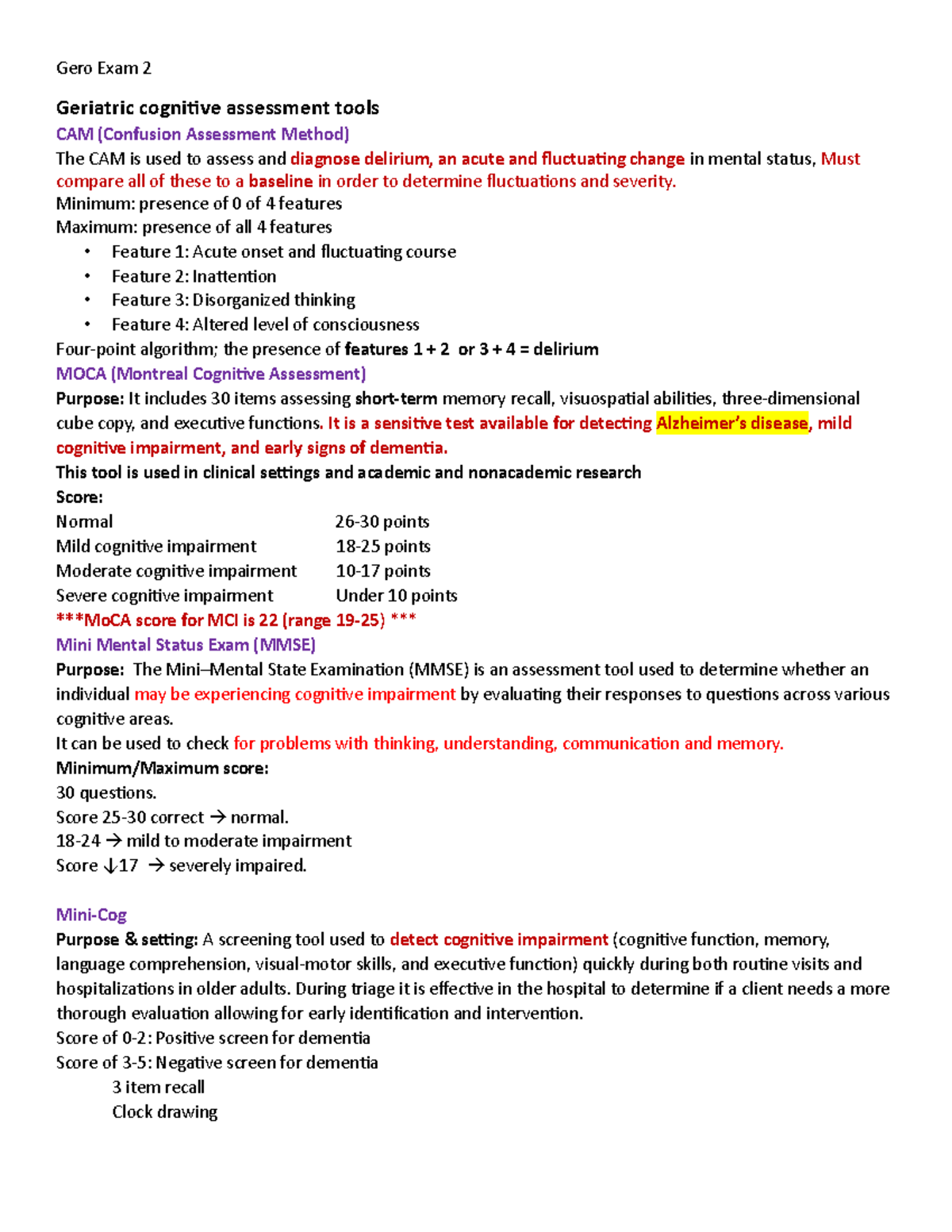 Gero Exam 2 - Gero Exam 2 Geriatric cognitive assessment tools CAM ...