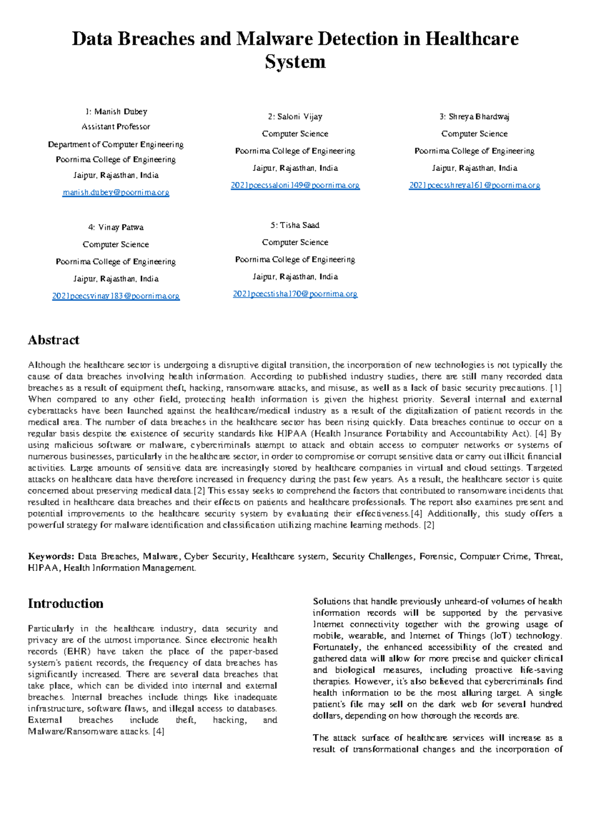 Data Breaches and Malware Detection in Healthcare System-2 - Data Breaches and Malware Detection ...