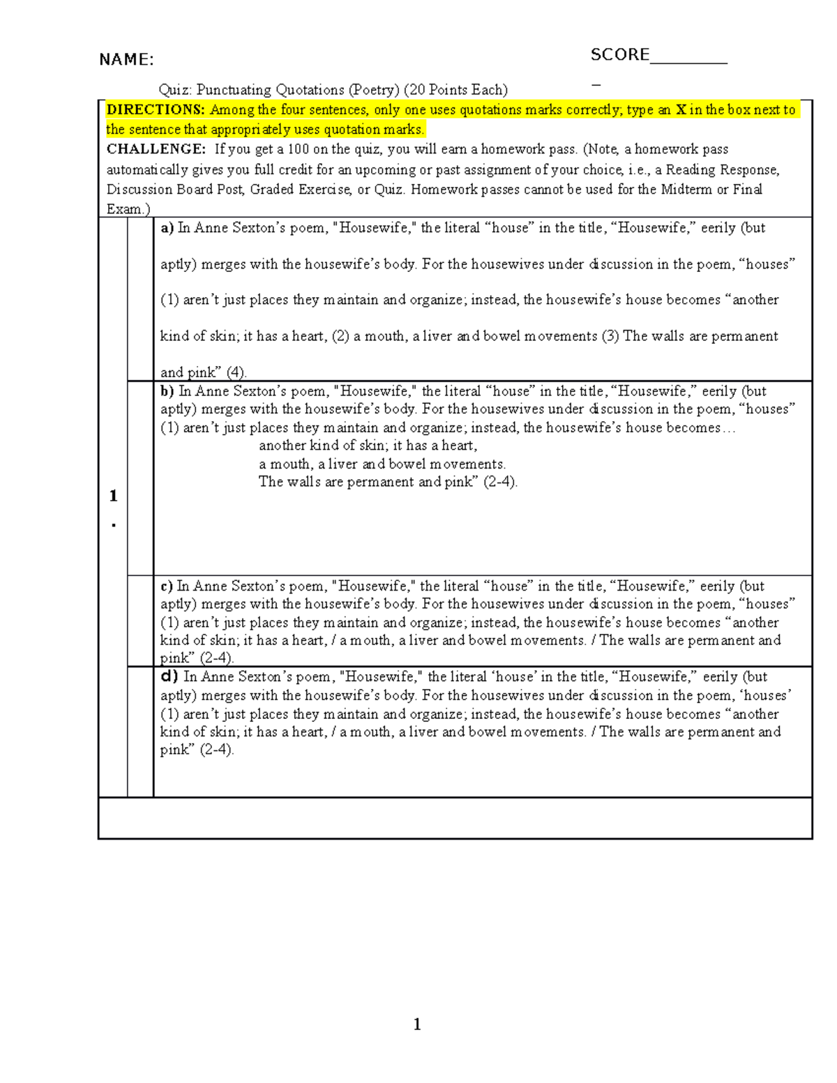 Quiz Quotation Marks (Poetry) - NAME: Quiz: Punctuating Quotations ...