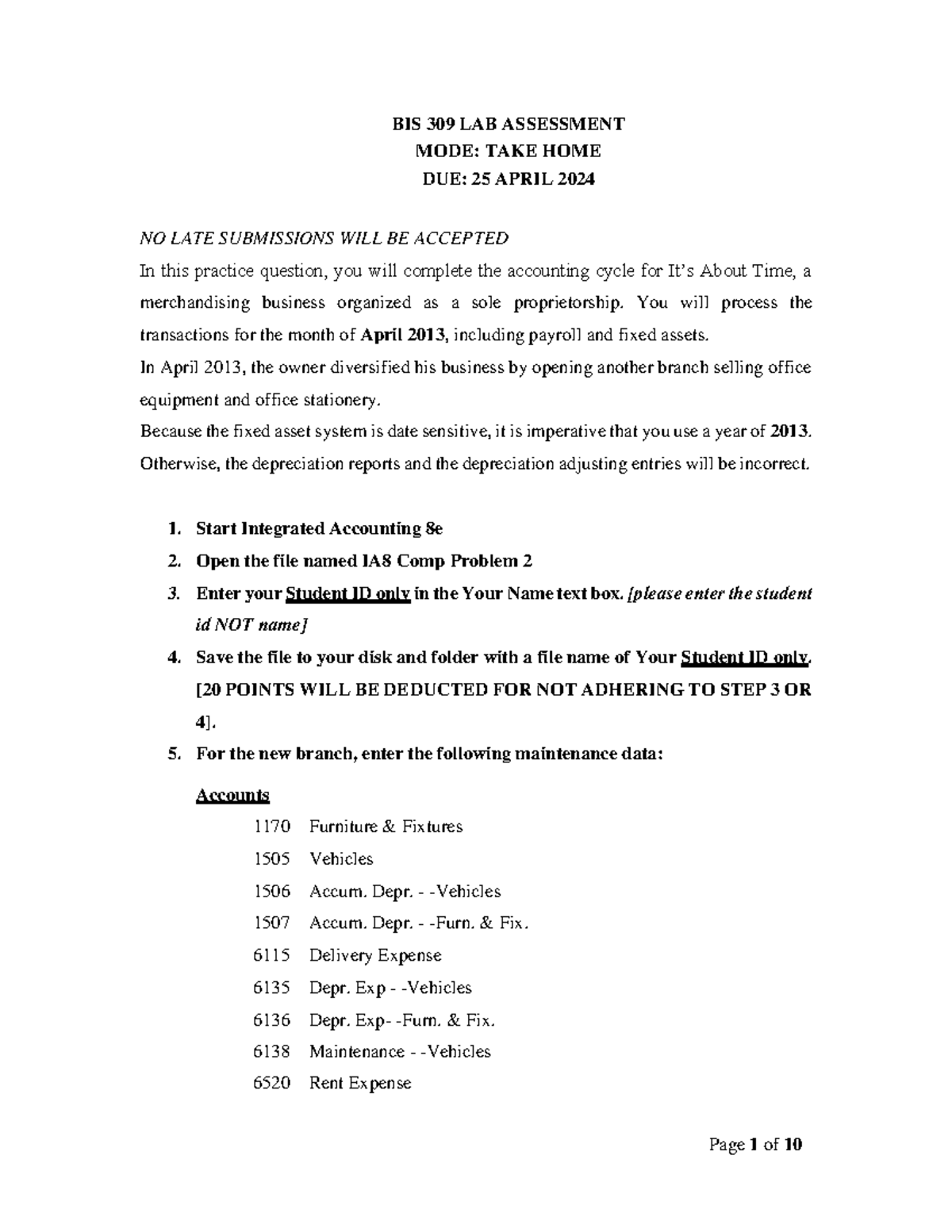 BIS309 LAB Assessment - BiIS 309 Lab - BIS 309 LAB ASSESSMENT MODE: TAKE HOME DUE: 25 APRIL 2024 ...