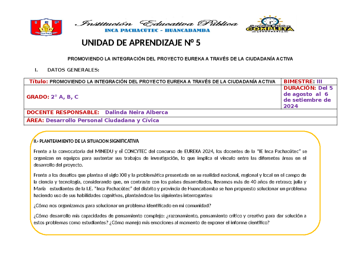Unidad N°5 -2°A,B,C -DPCC - UNIDAD DE APRENDIZAJE N° 5 PROMOVIENDO LA INTEGRACIÓN DEL PROYECTO ...