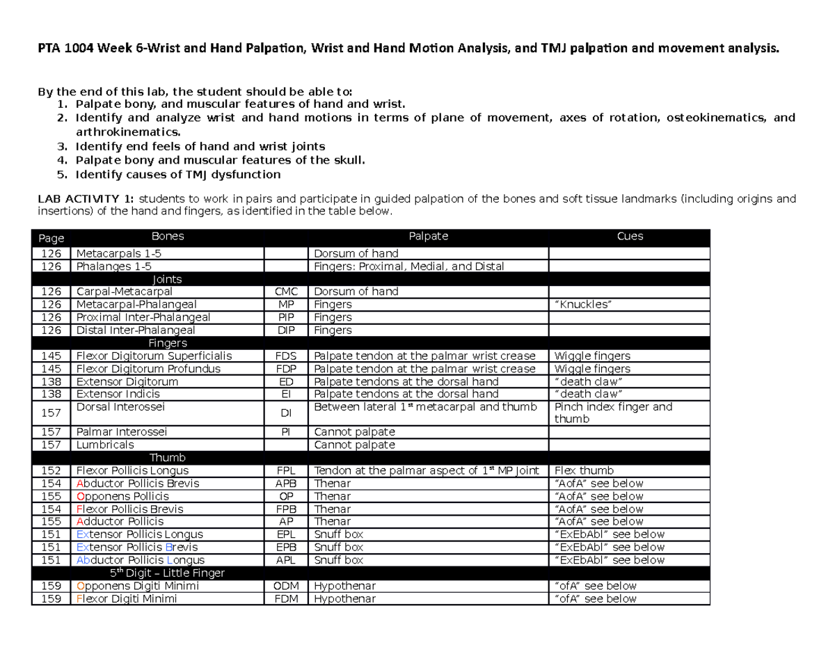 PTA 1004 Week 6-Section#1-Hand Palpation, Motion Analysis, TMJ Combined ...