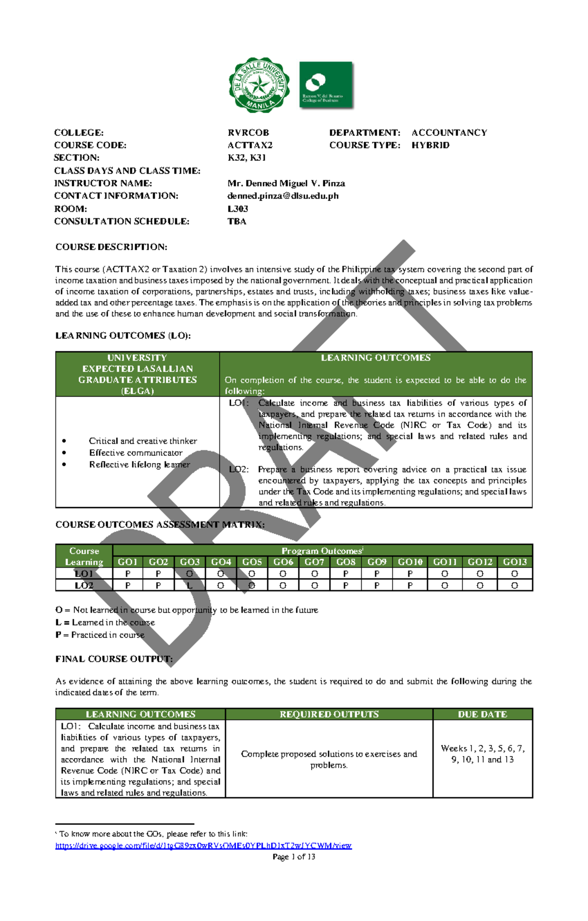 Acttax 2 - Syllabus AY2023-2024 Term 3 (Draft) - COLLEGE: RVRCOB DEPARTMENT: ACCOUNTANCY COURSE ...