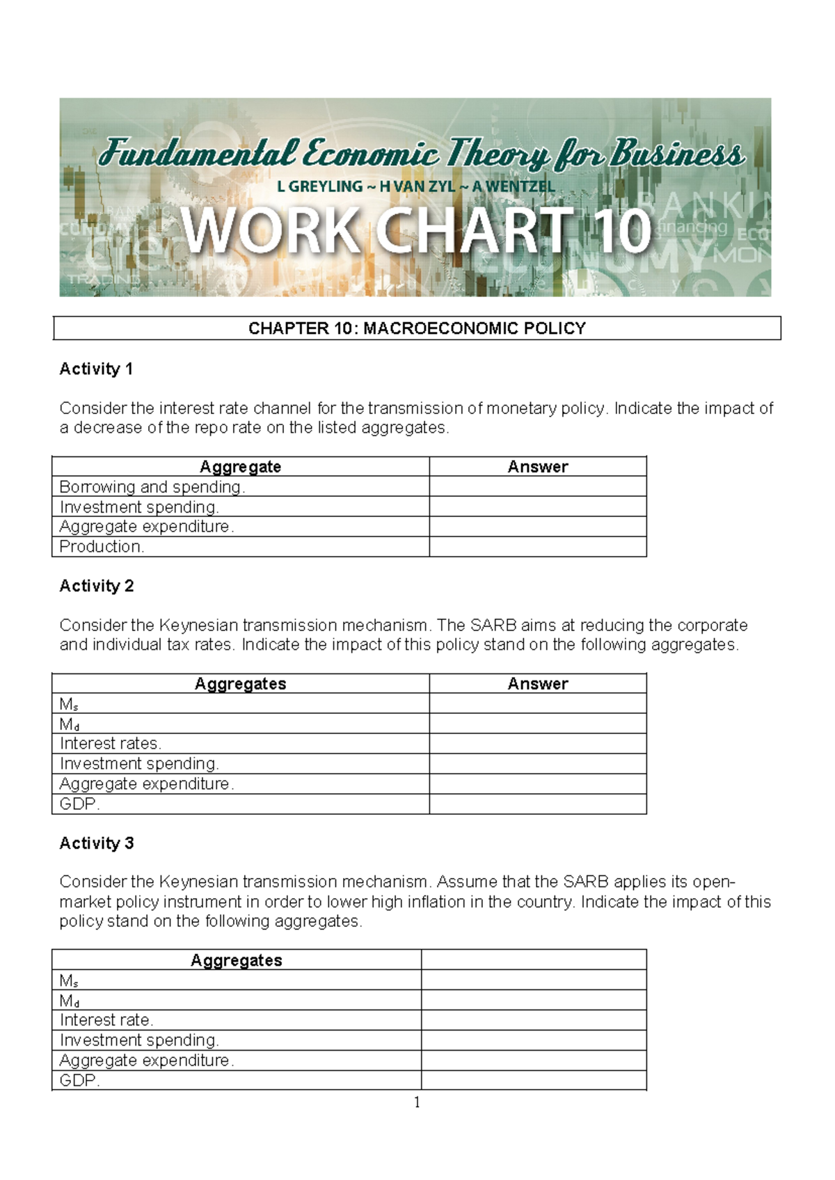 Work Chart 10(1) - CHAPTER 10: MACROECONOMIC POLICY Activity 1 Consider ...