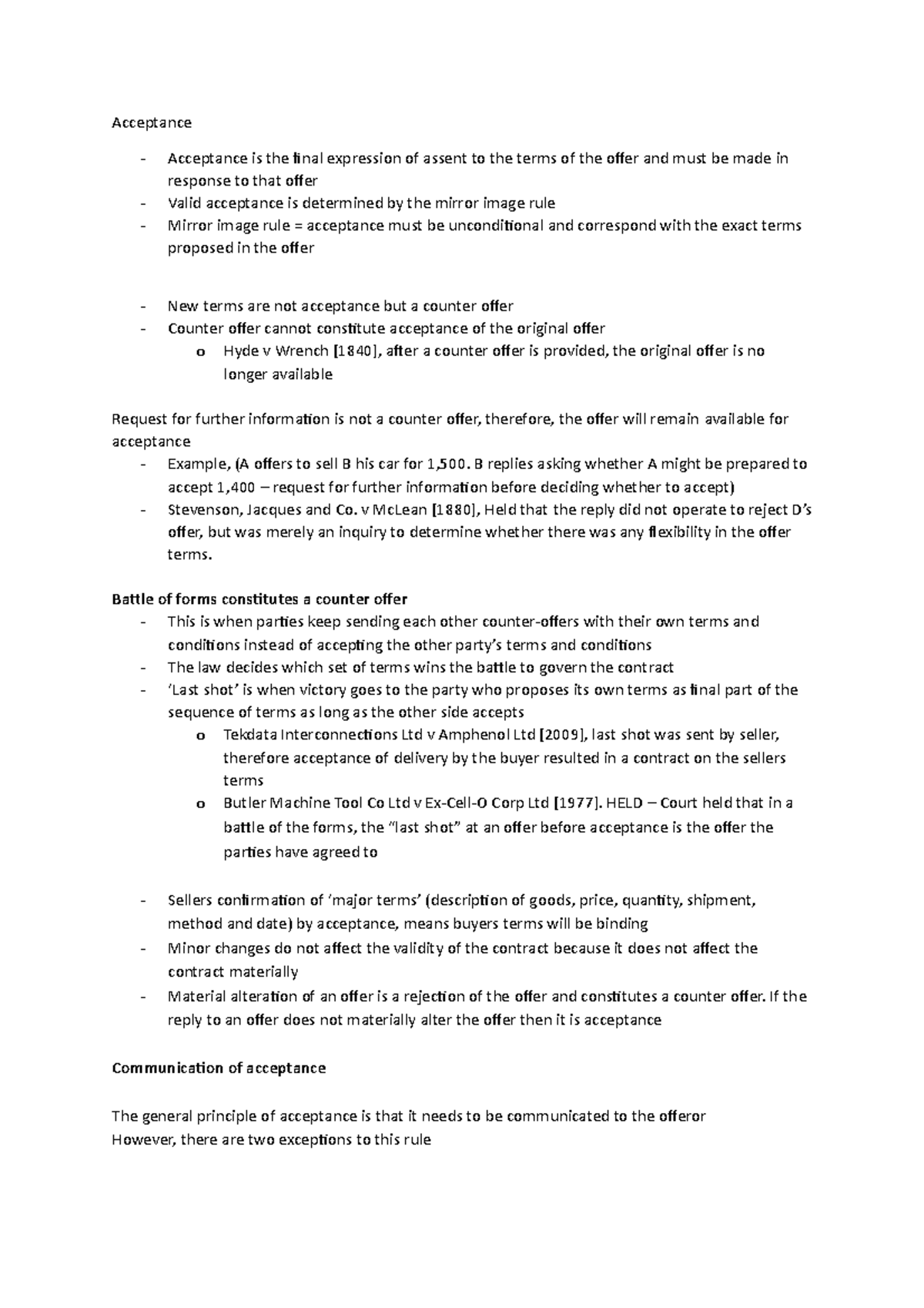 Acceptance final - Revision notes - Acceptance Acceptance is the inal ...