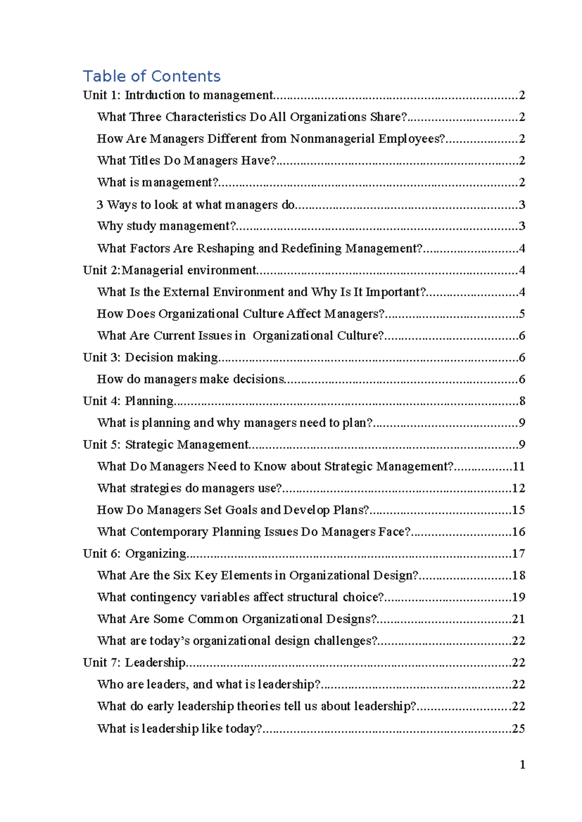 Management Studies Notes - Table of Contents Unit 1: Intrduction to ...
