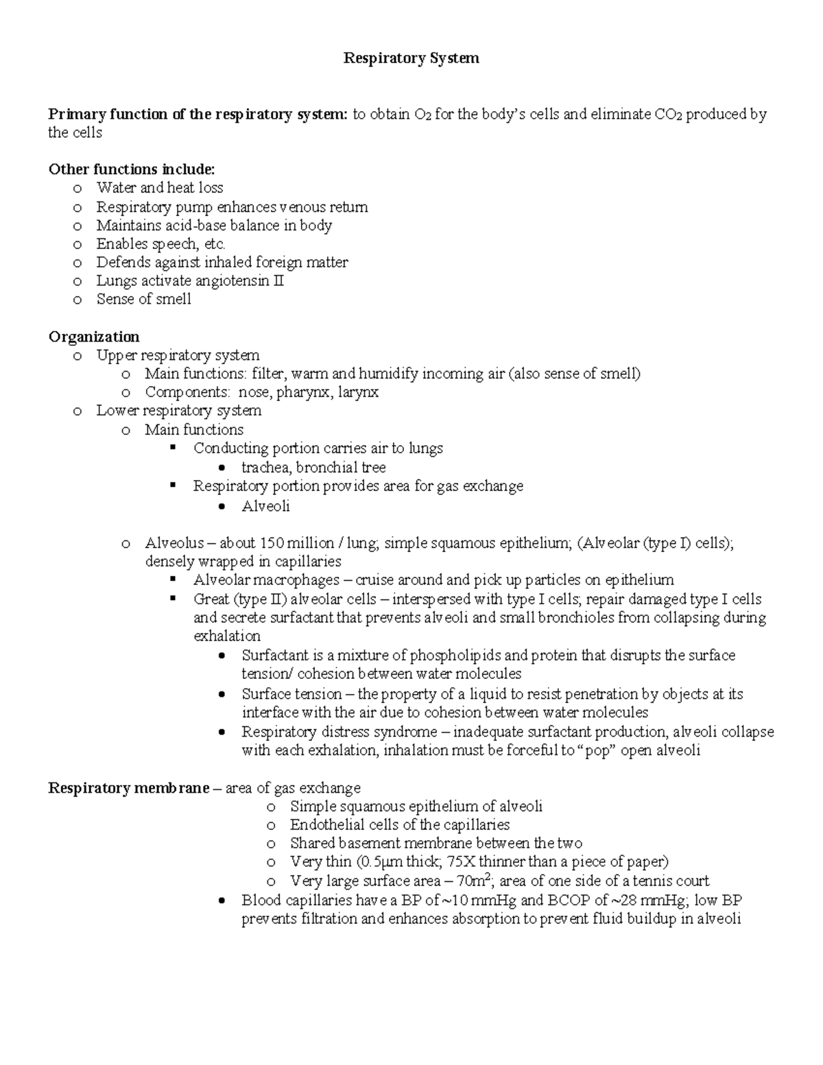 Respiratory Outline - Respiratory System Primary function of the ...