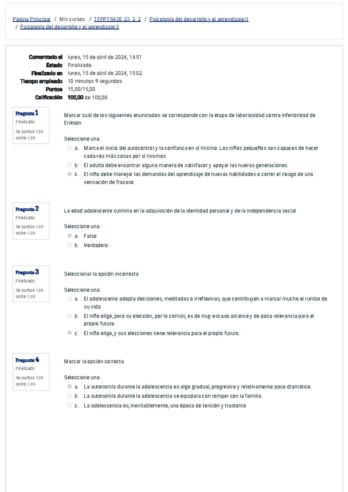 Psicología del desarrollo y el aprendizaje II Revisión del intento mi examen - Página Principal ...