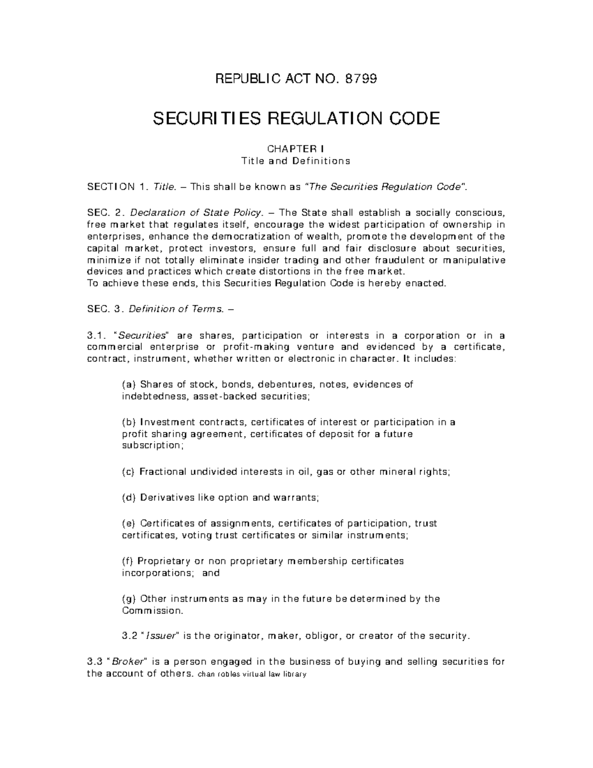 RA-8799 - HANDOUT - REPUBLIC ACT NO. 8799 SECURITIES REGULATION CODE ...