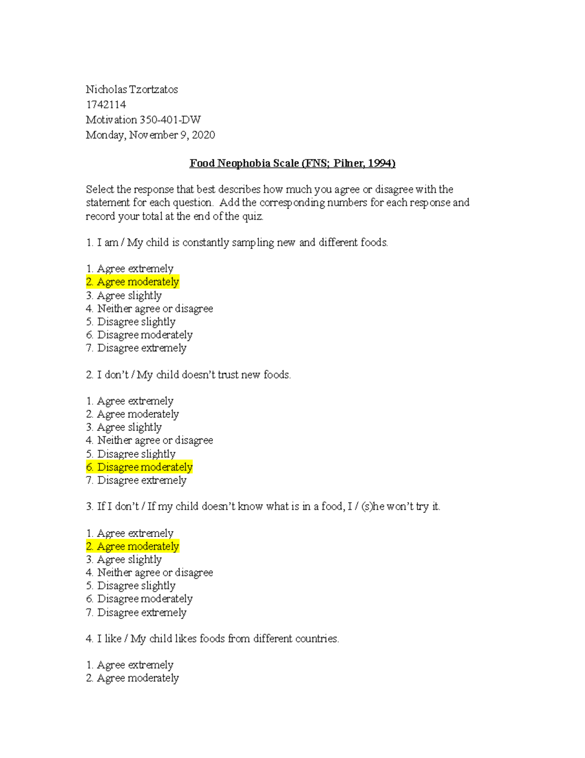 Food Neophobia Scale Assignment - Nicholas Tzortzatos 1742114 ...