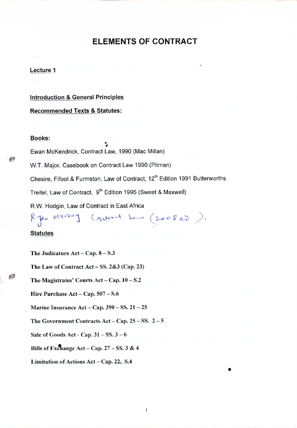 Contract 1-10 - ELEMENTS OF CONTRACT Lecture 1 Introduction General ...