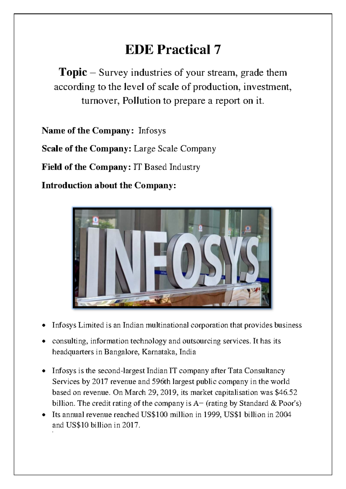 EDE Practical 7 - Name of the Company: Infosys Scale of the Company ...