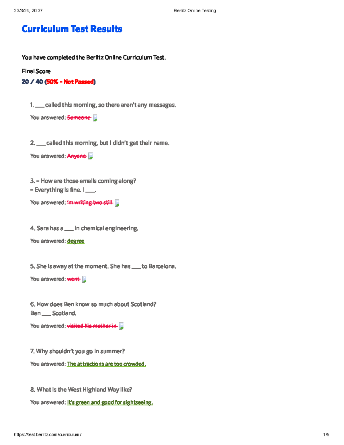 Berlitz Online Testing - You have completed the Berlitz Online ...