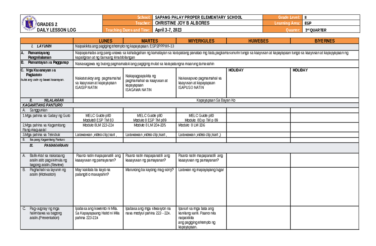 DLL All Subjects-G2 Q3 WEEK 10 - , GRADES 2 DAILY LESSON LOG School ...