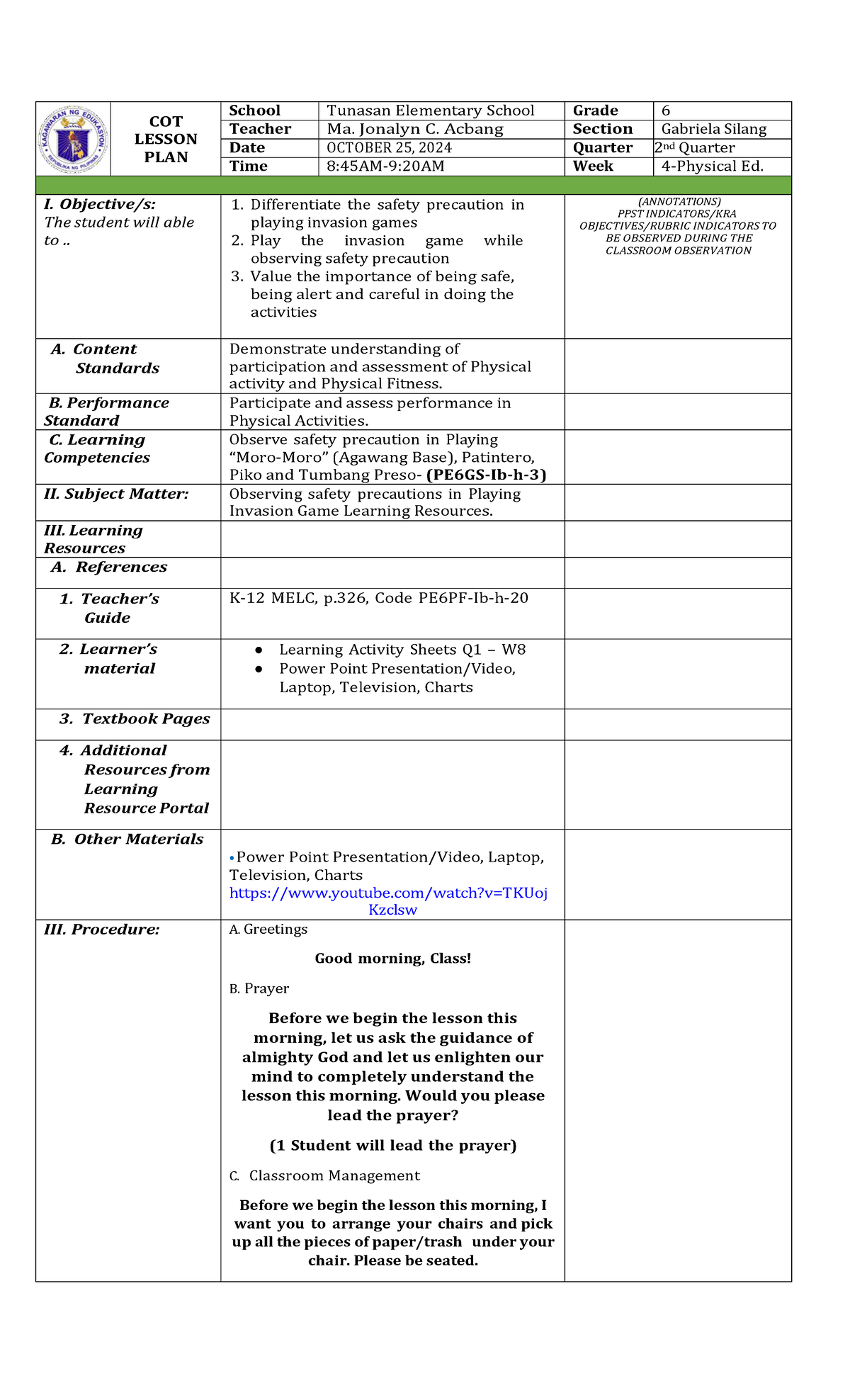COT 1 Lesson Plan sample with annotations Original - COT LESSON PLAN ...