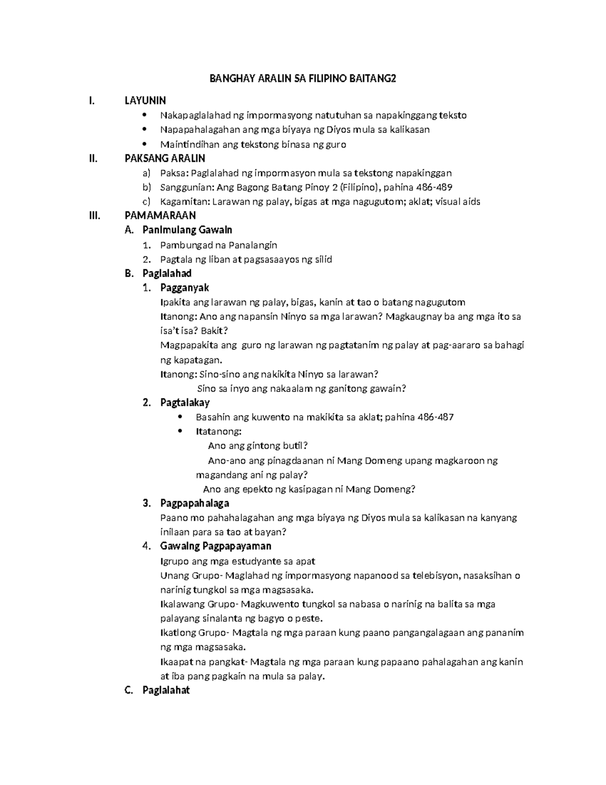 Banghay Aralin SA Filipino - BANGHAY ARALIN SA FILIPINO BAITANG I ...