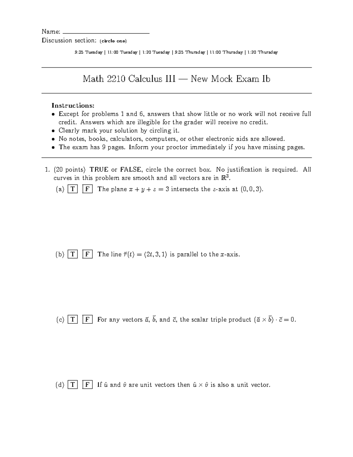 New Exam Ib - Mock Exam - Name: Discussion section:(circle one) 9:35 ...