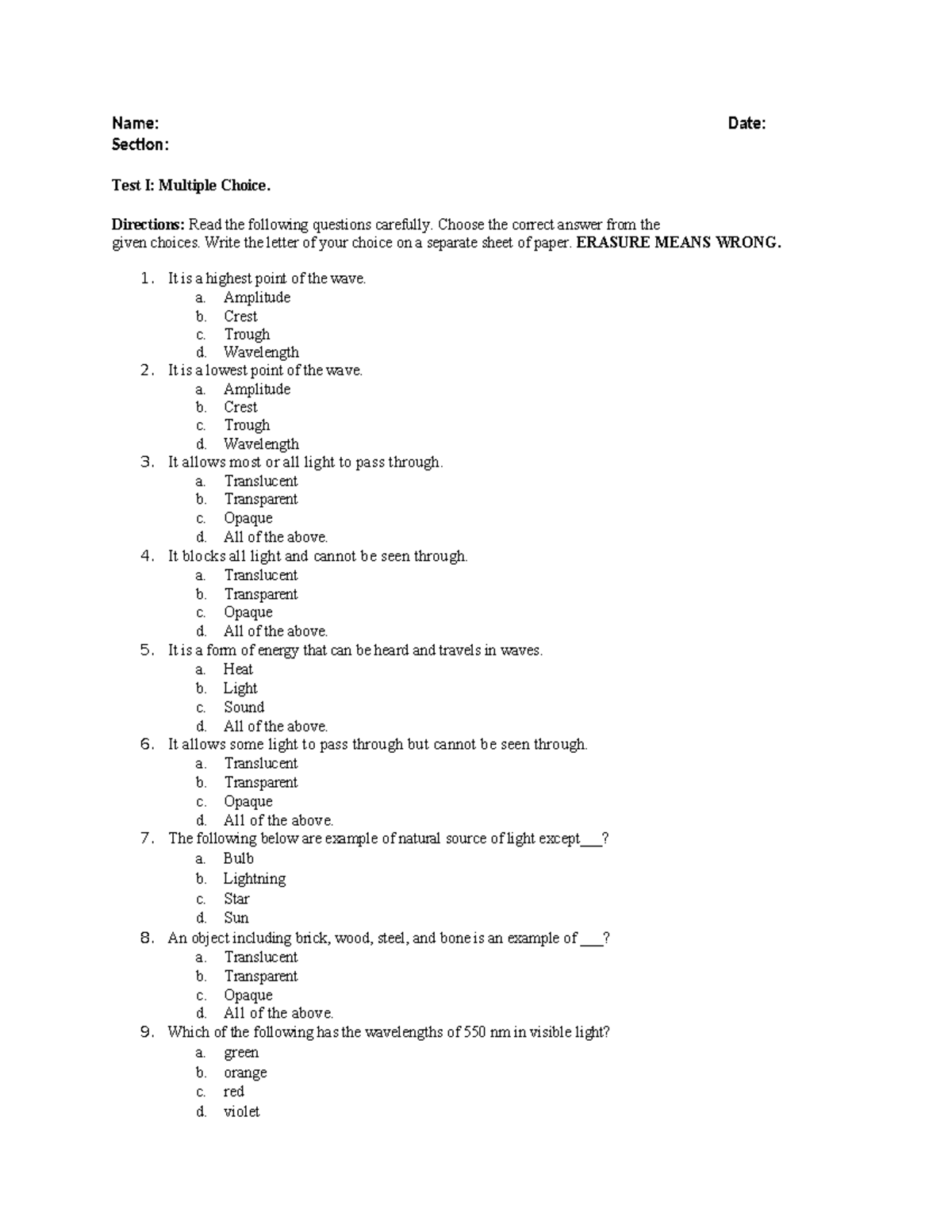 Summative assessment 2 - Name: Date: Section: Test I: Multiple Choice ...
