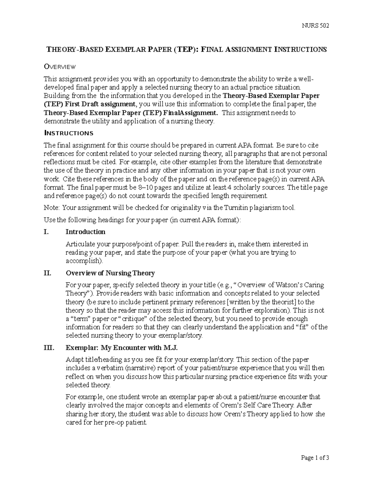 Theory-Based Exemplar Paper (TEP) Final Assignment Instructions - NURS ...