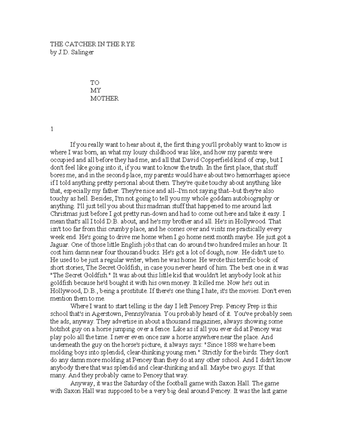 Leonel Lopez Hernandez - Catcher in the Rye Text - THE CATCHER IN THE ...