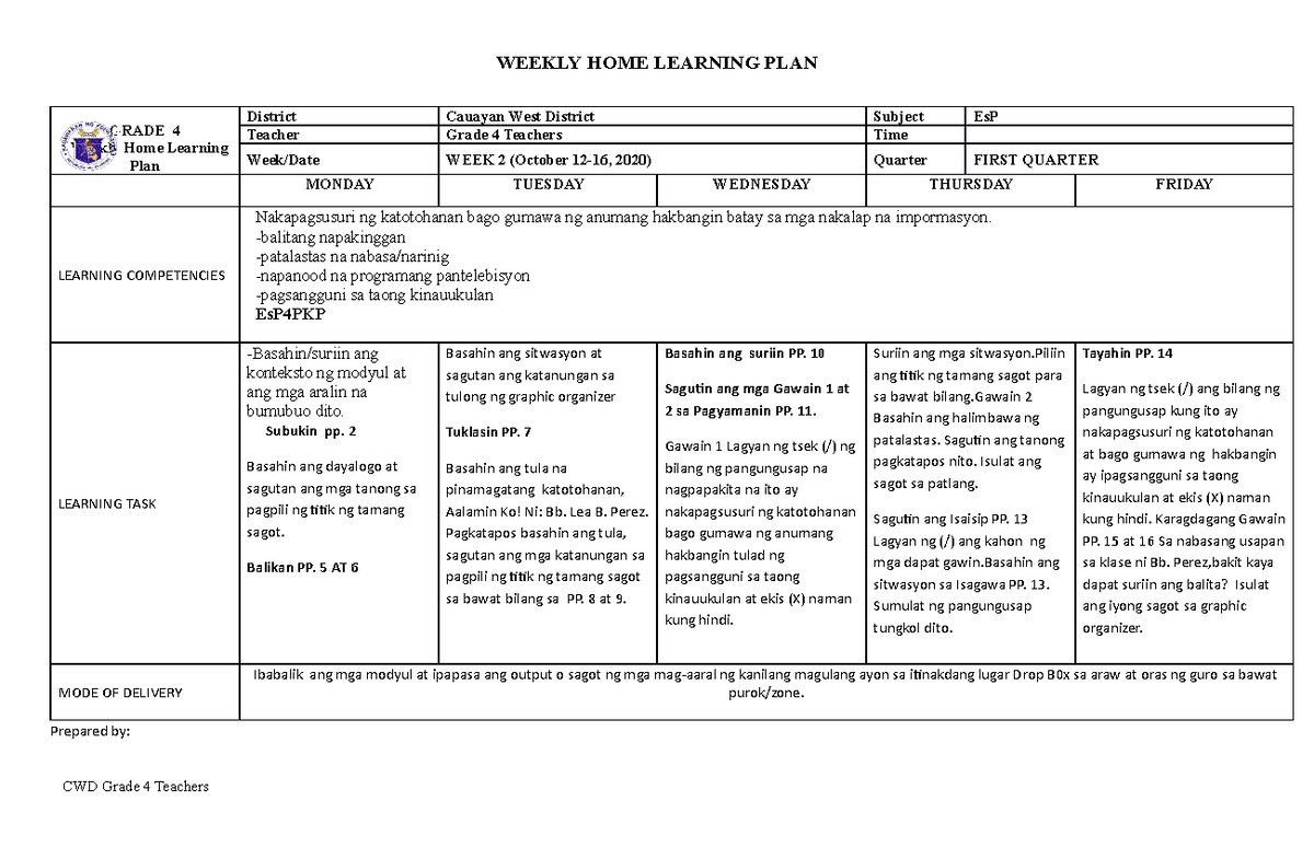 G4 QI Wk 2 Weekly Home Plan Es P 2 - WEEKLY HOME LEARNING PLAN GRADE 4 ...