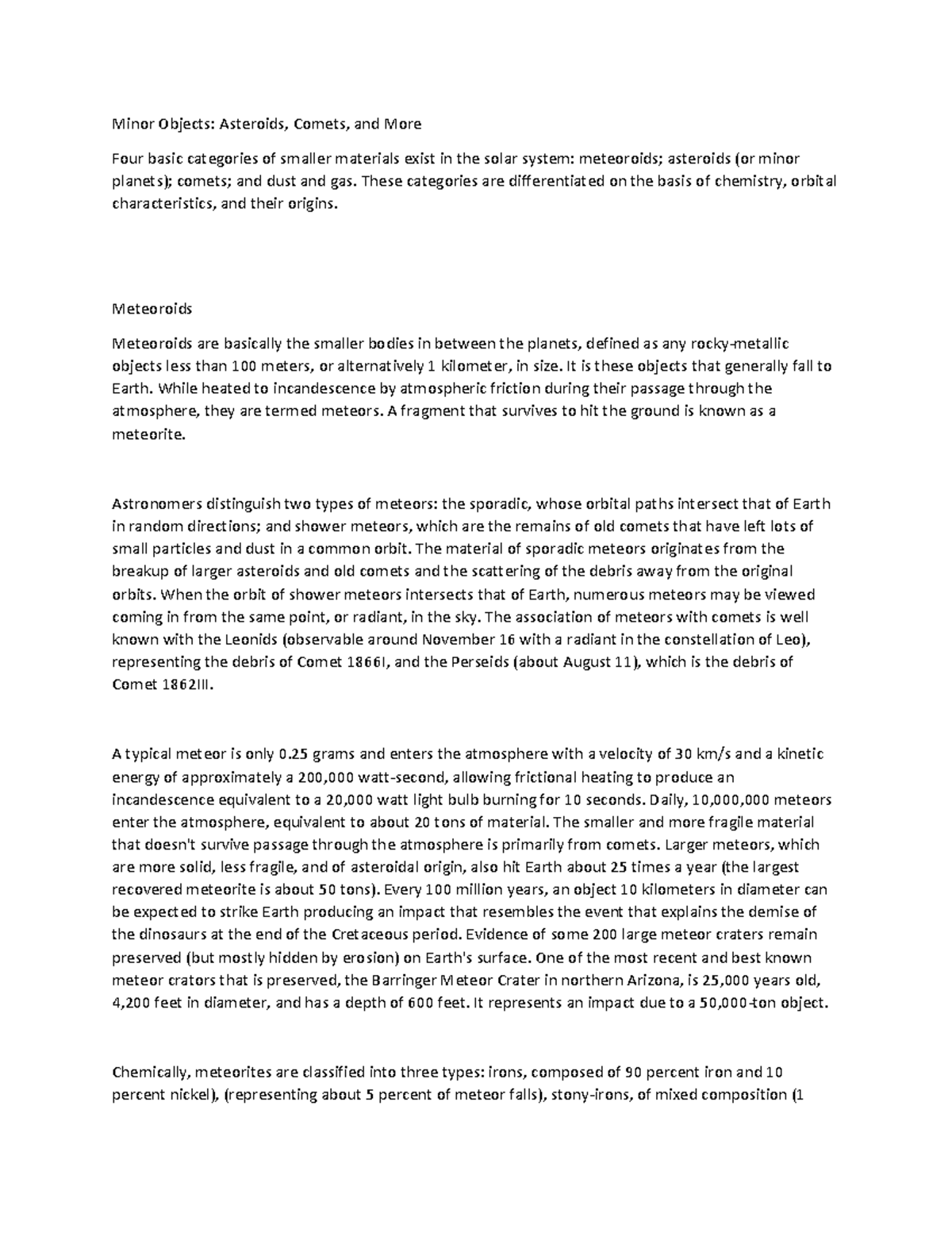 Minor Objects - Lecture notes 11 - Minor Objects: Asteroids, Comets ...