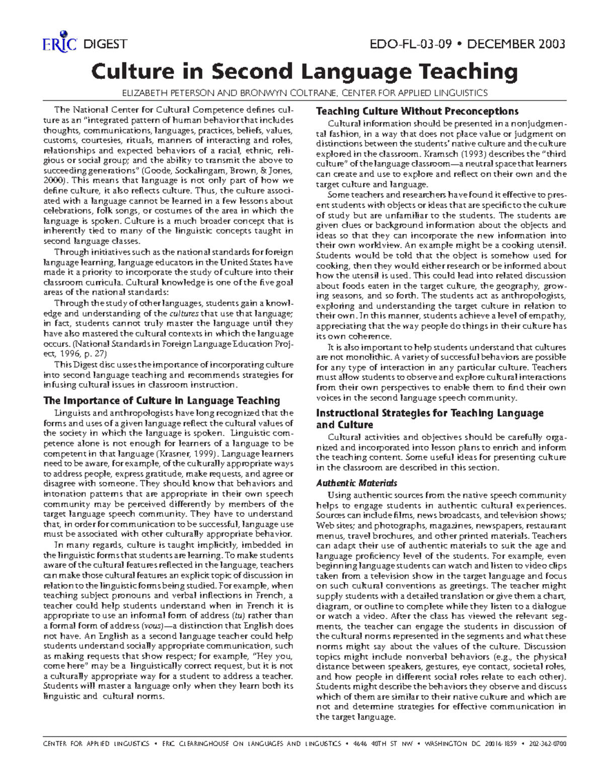 Culture in Second Language Teaching - DIGEST EDO-FL-03-09 • DECEMBER ...