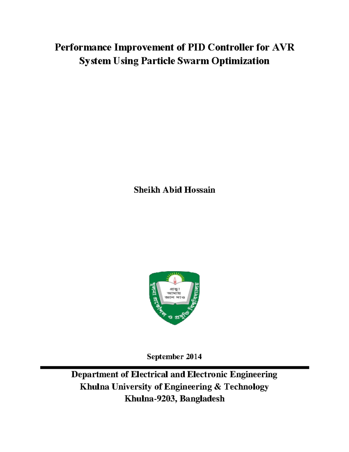 Final Report - Course - Performance Improvement of PID Controller for AVR System Using Particle ...