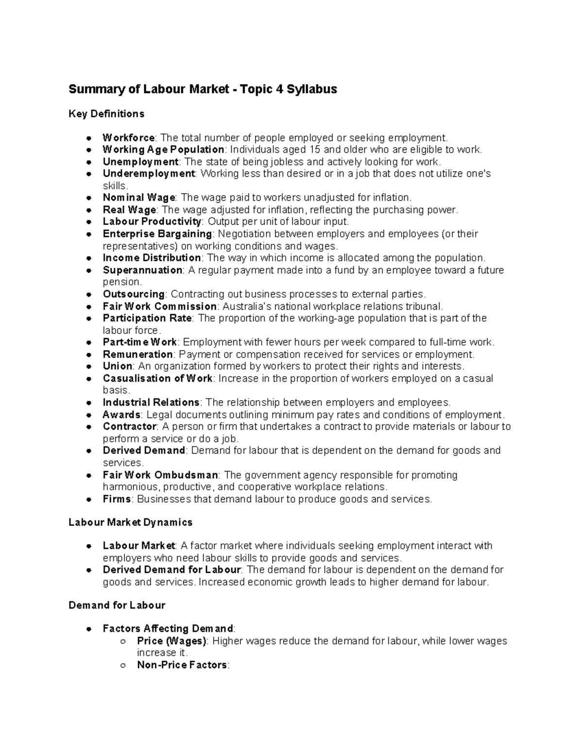 Labour notes - Summary of Labour Market - Topic 4 Syllabus Key ...