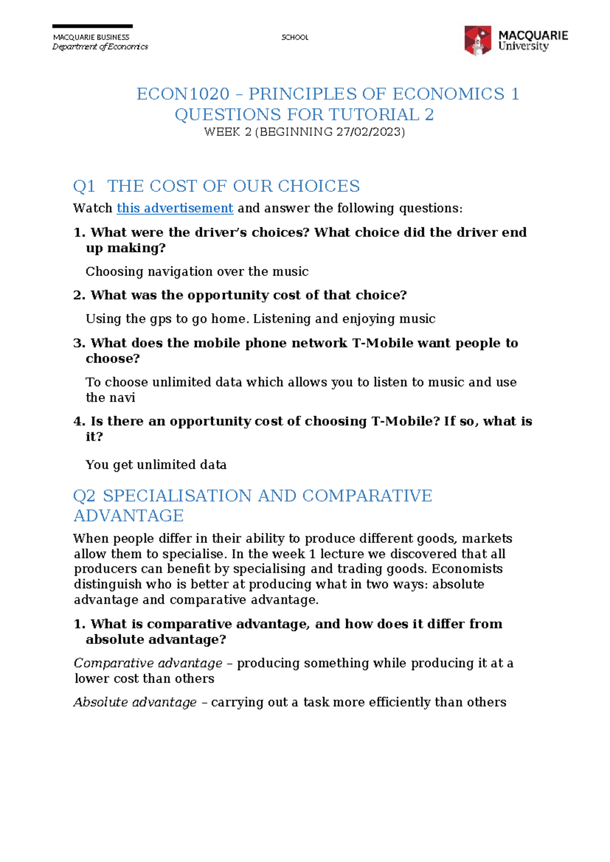 Tutorial 2 - economic - MACQUARIE BUSINESS SCHOOL Department of ...