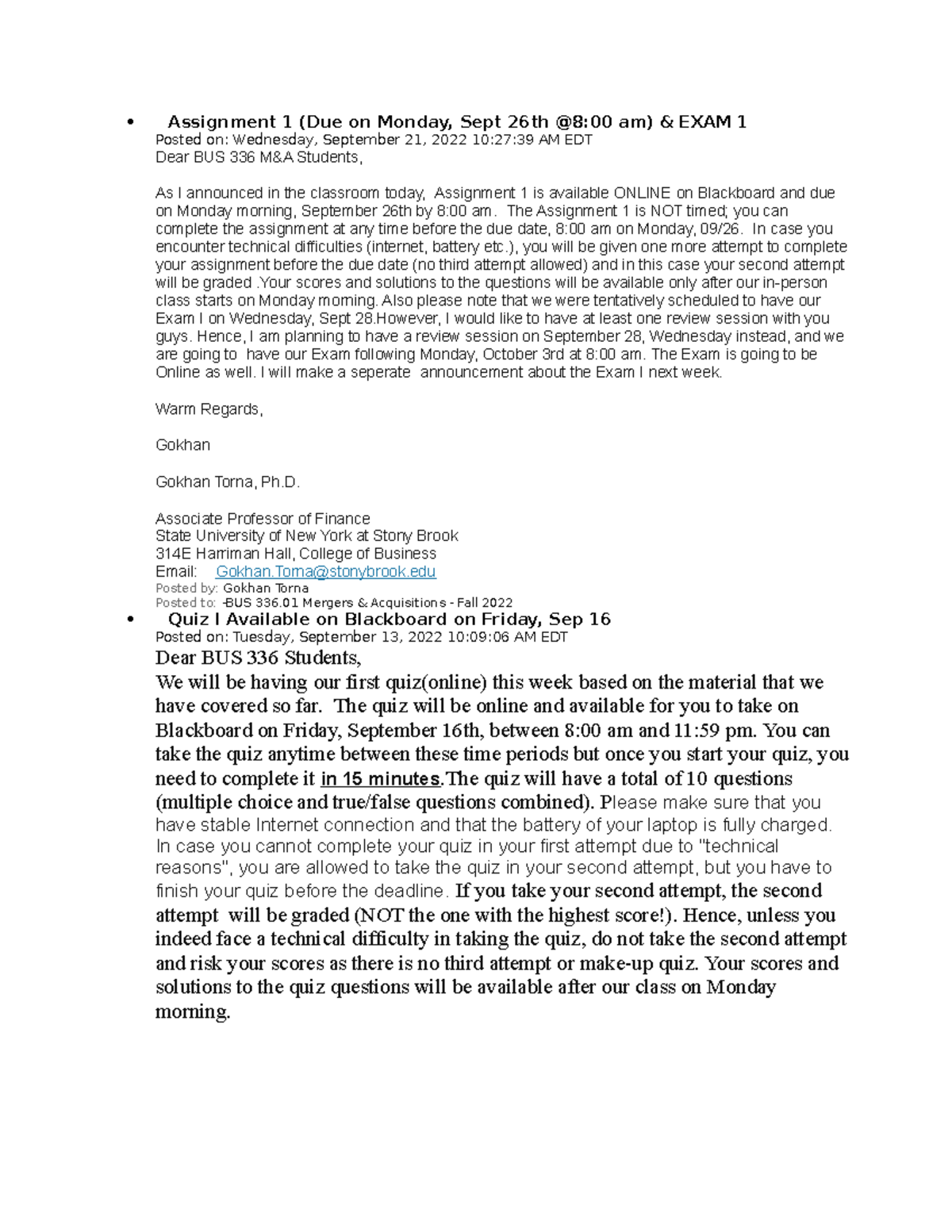 BUS 336 Announcements - Assignment 1 (Due on Monday, Sept 26th @8:00 am ...
