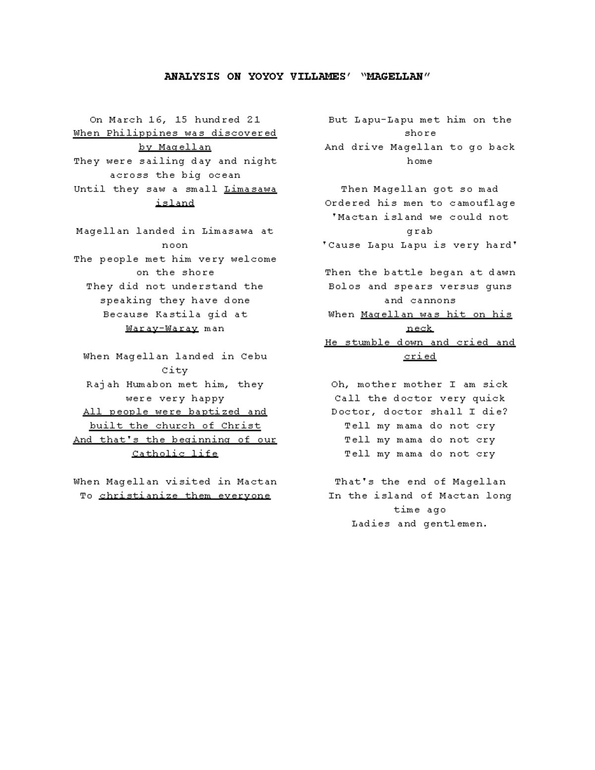 Primary Sources Analysis Of The Song - ANALYSIS ON YOYOY VILLAMES ...