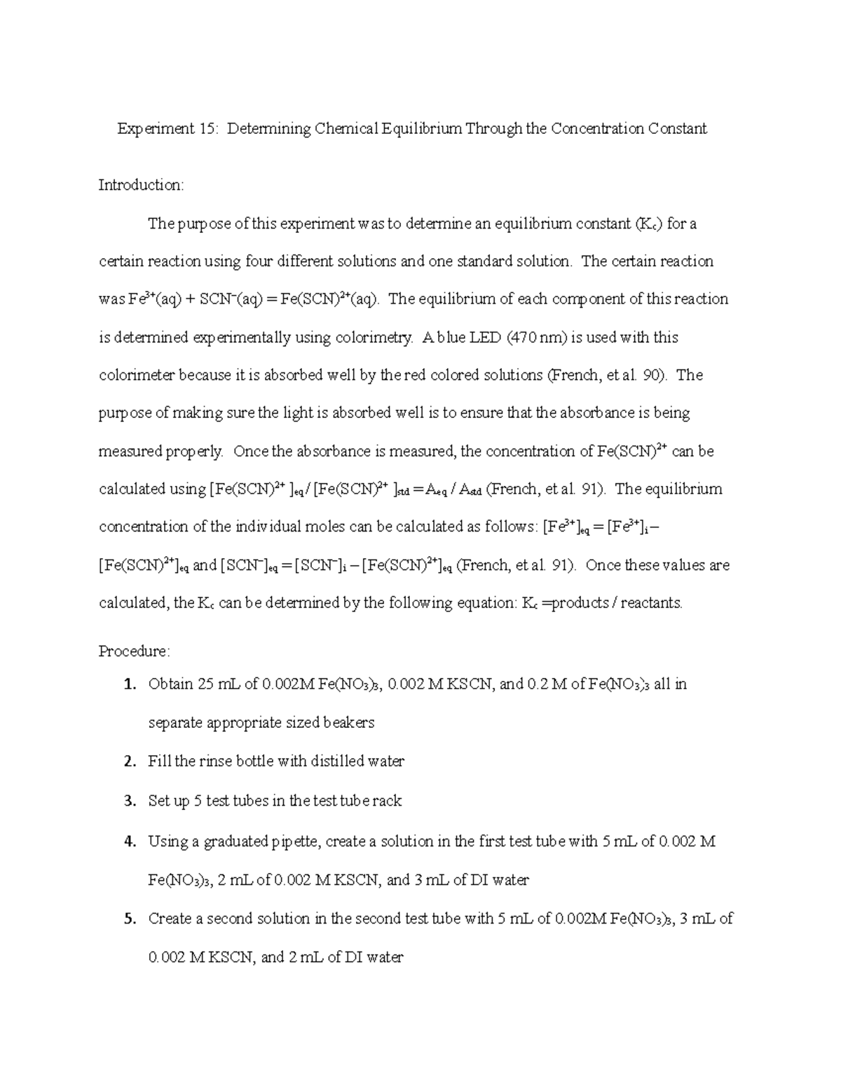 experiment 15 che113 - Experiment 15: Determining Chemical Equilibrium ...