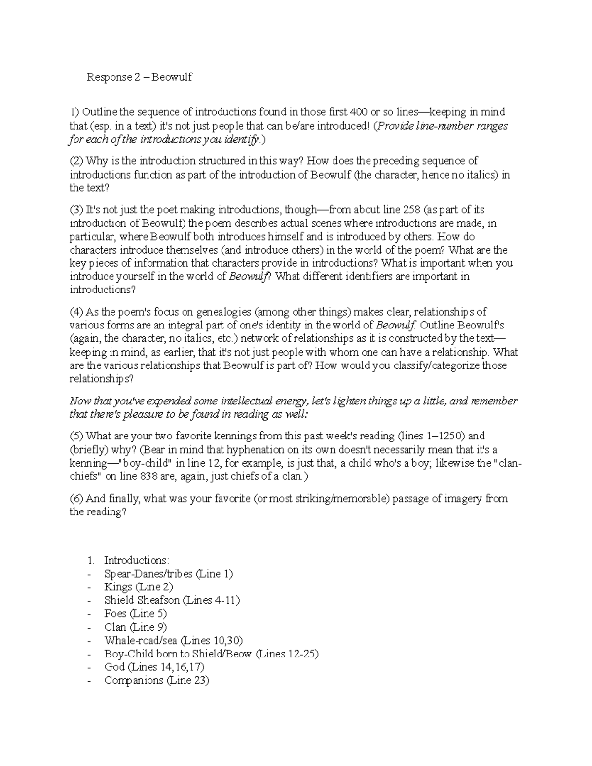 Reading Response 1.21.22 - Beowulf copy - Response 2 – Beowulf Outline ...