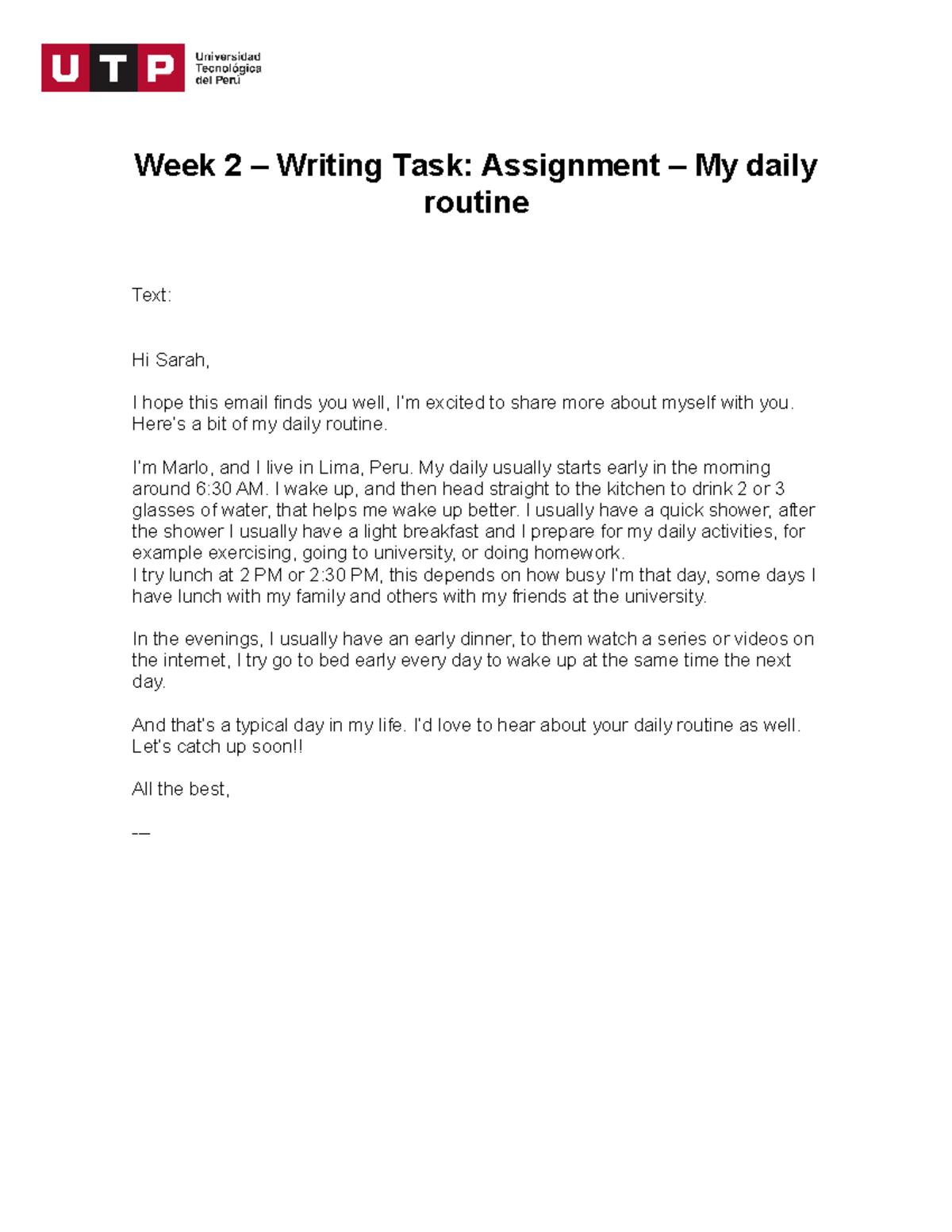 Ingles S2 - Week 2 – Writing Task: Assignment – My daily routine Text ...
